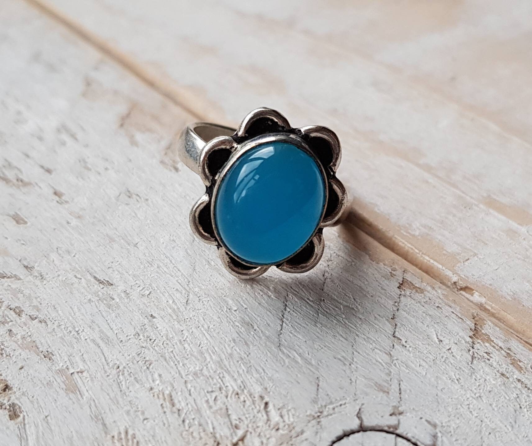 Blue Chalcedony Gemstone Ring Circular Design Size 7.5 US/UK O 1/2 ...