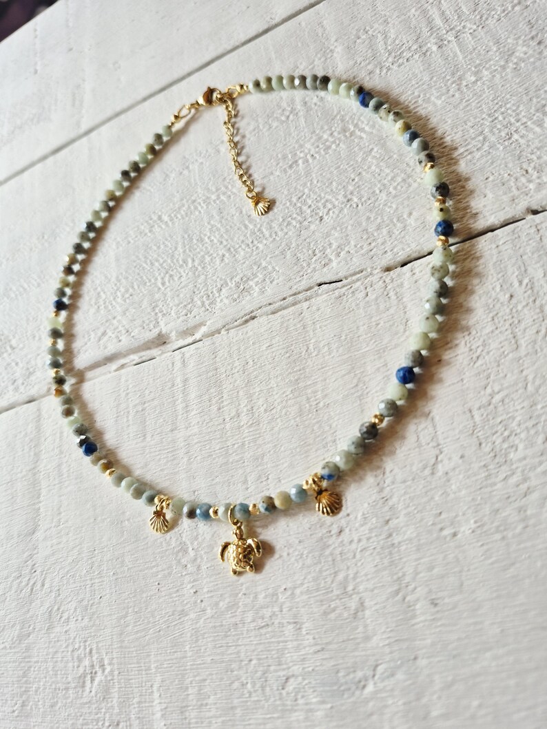Blue Turtle Pendant Azurite Calcite Gemstone Beaded Shell Charms 18k ...