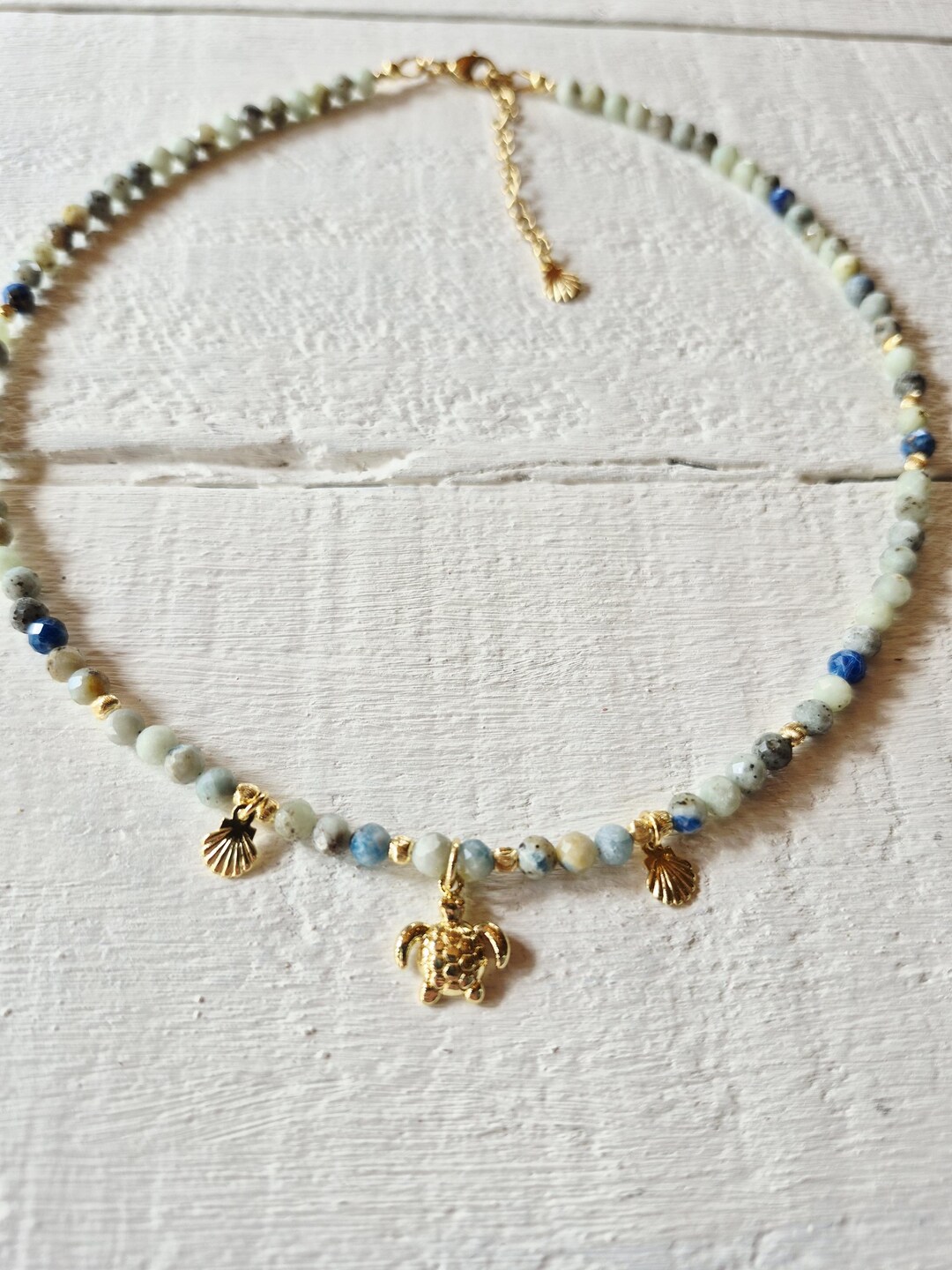 Blue Turtle Pendant Azurite Calcite Gemstone Beaded Shell Charms 18k ...