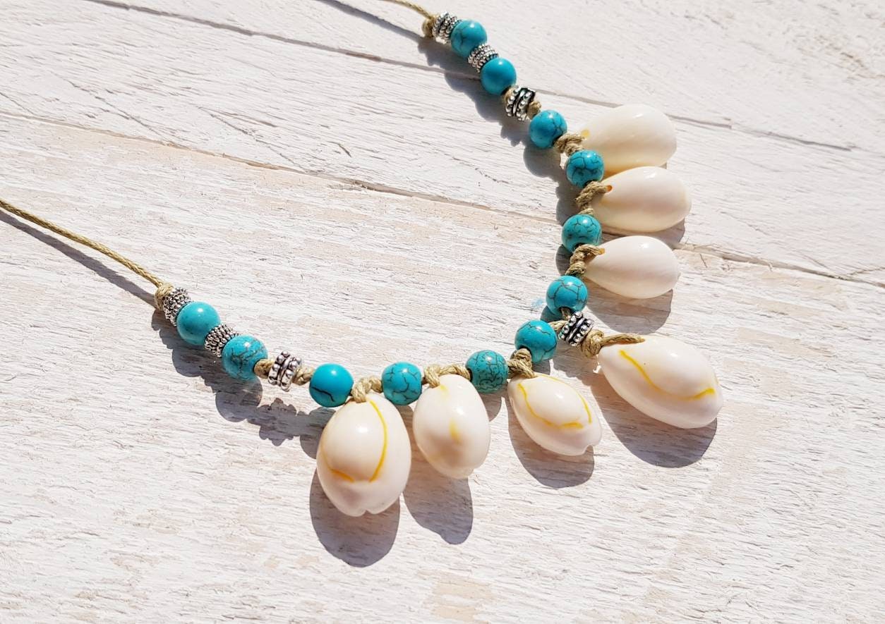 Pretty BOHO SHELL Necklace Turquoise Cowrie Shells by - BOHOSEASON