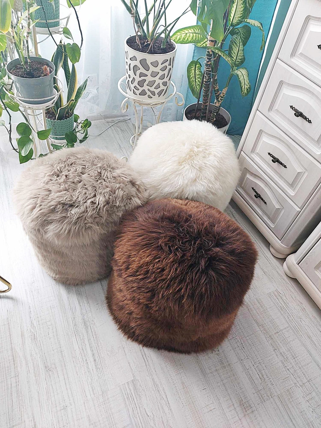 Handmade Sheepskin Footstool: Furry Ottoman, Leg Rest, Home Decor - Etsy