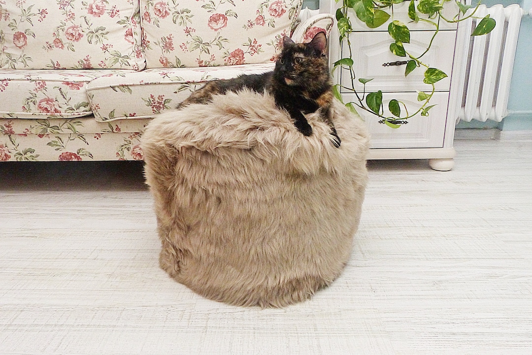 Handmade Sheepskin Footstool: Beige Furry Ottoman, Leg Rest - Etsy