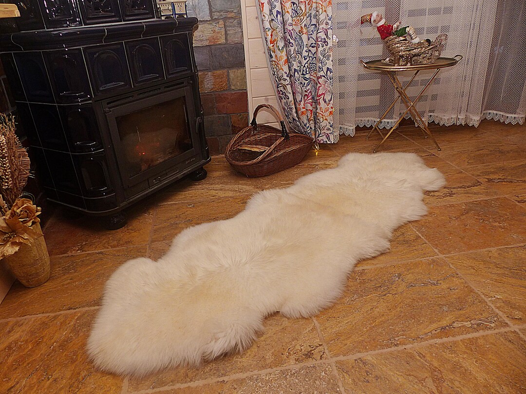 Ivory Double THICK Sheepskin Carpet Natural Sheep Fur Blanket (200x70cm ...