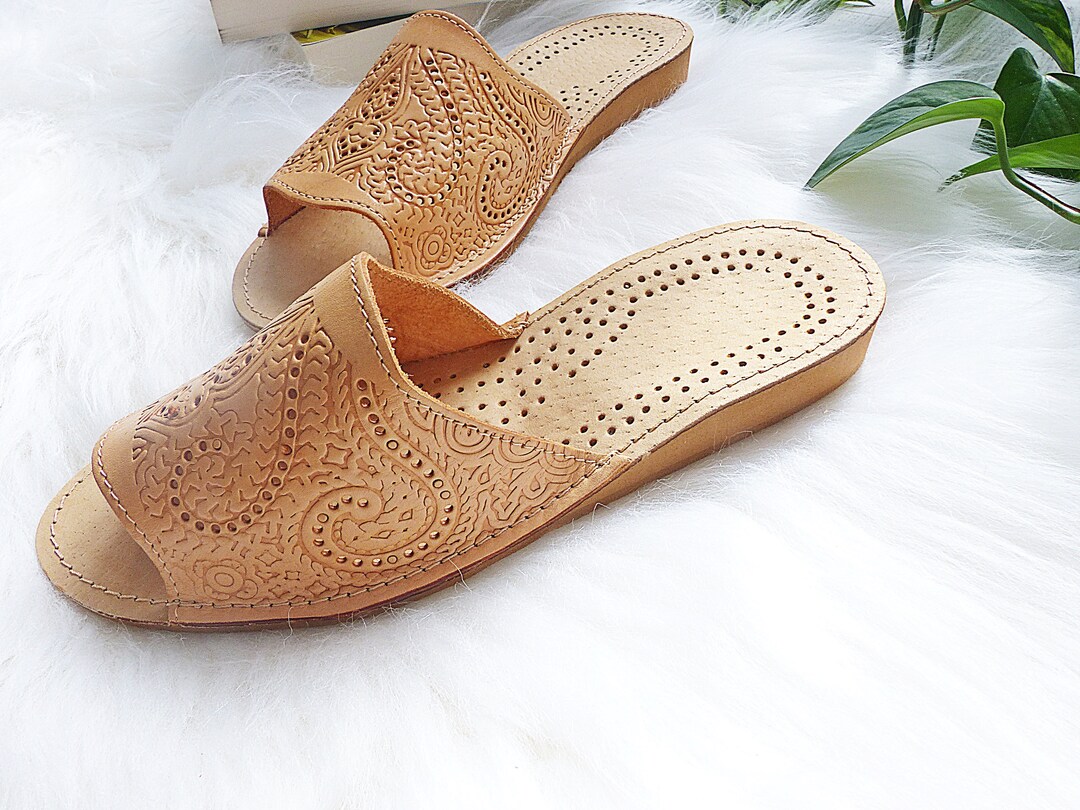 Handmade Leather Clogs | Embossed Leather Slippers - Etsy