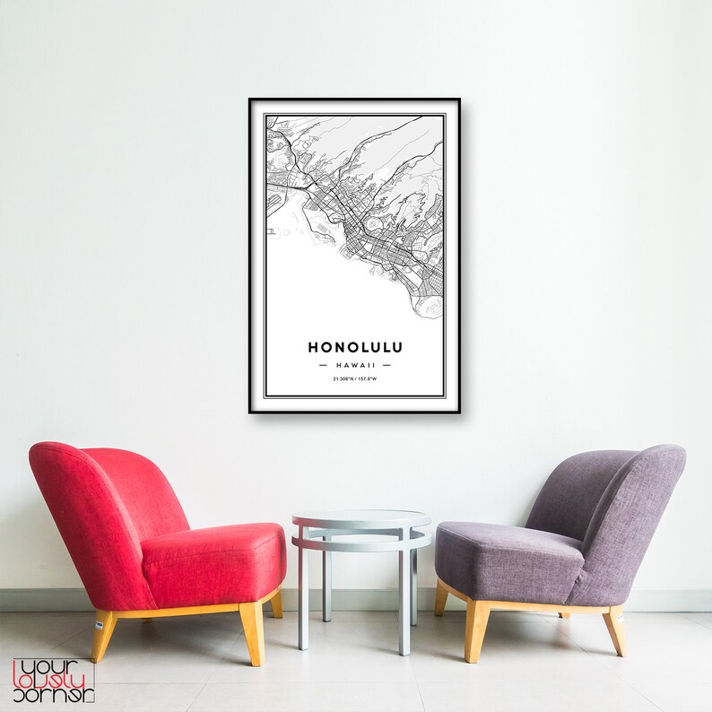 Honolulu Map Print Map of Honolulu City Poster Honolulu City - Etsy