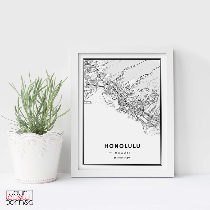 Honolulu Map Print Map of Honolulu City Poster Honolulu City - Etsy
