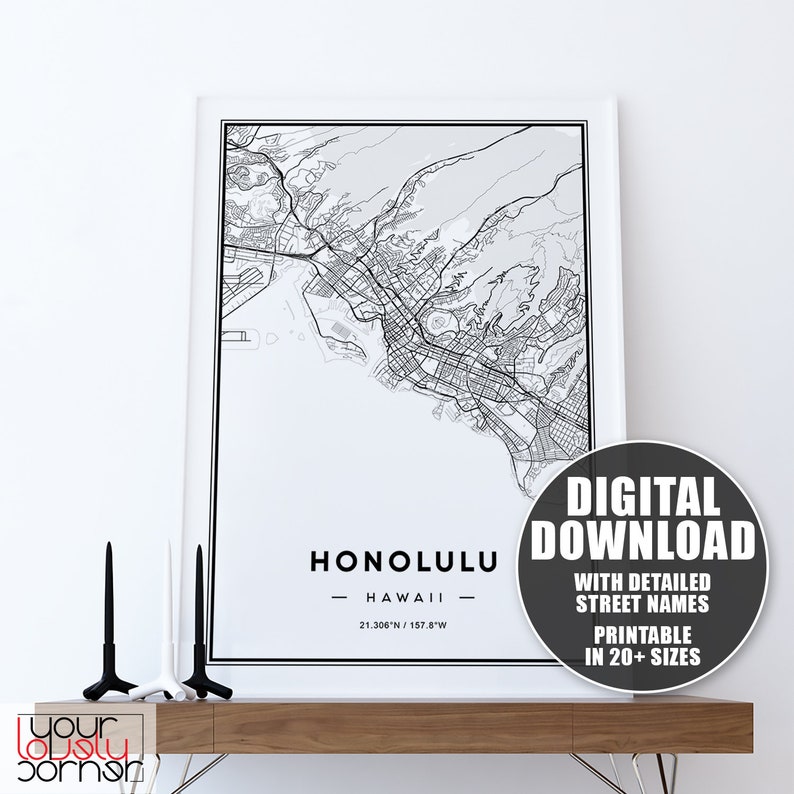 Honolulu Map Print Map of Honolulu City Poster Honolulu City - Etsy