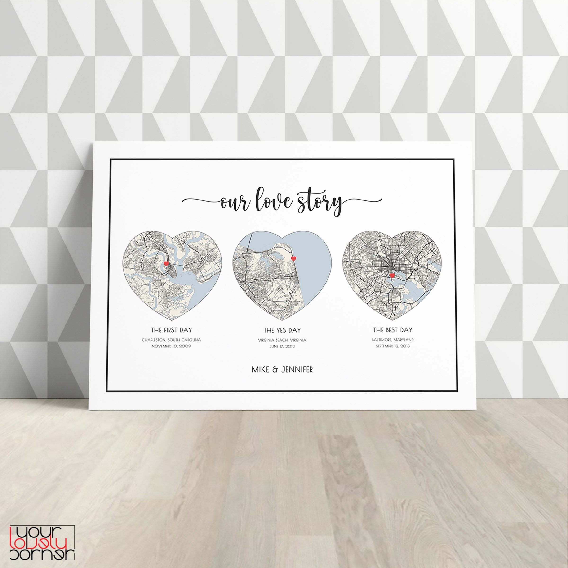 Our Love Story Sign, Three Heart Map Print, Hello Will You I Do, Met ...