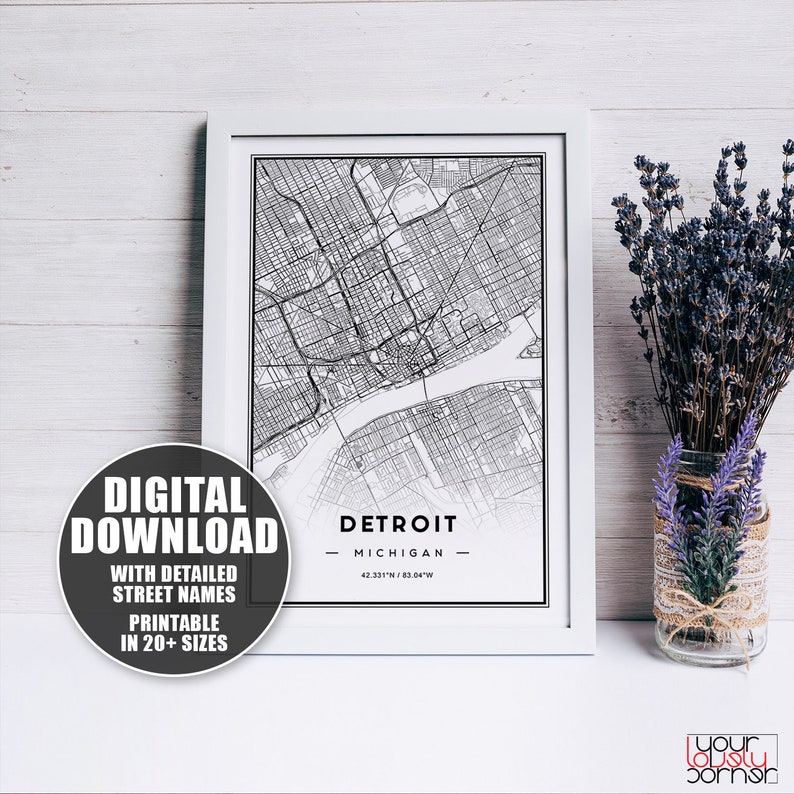 Detroit Map Print Detroit Poster Detroit Map Art Printable - Etsy