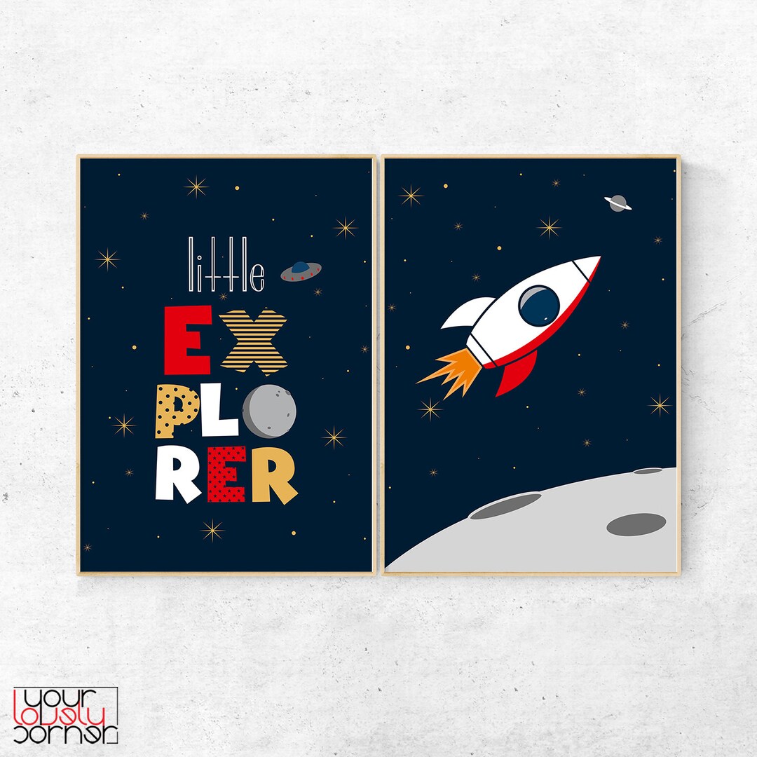 Rocket Ship Print. Outer Space Print. Nursery Set of 2 Pictures ...