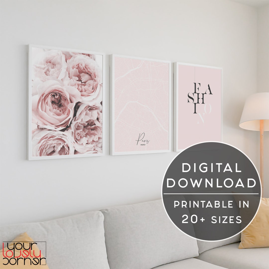 Blush Pink Peony & Paris Map Print Set: Fashion Gallery Wall Art ...