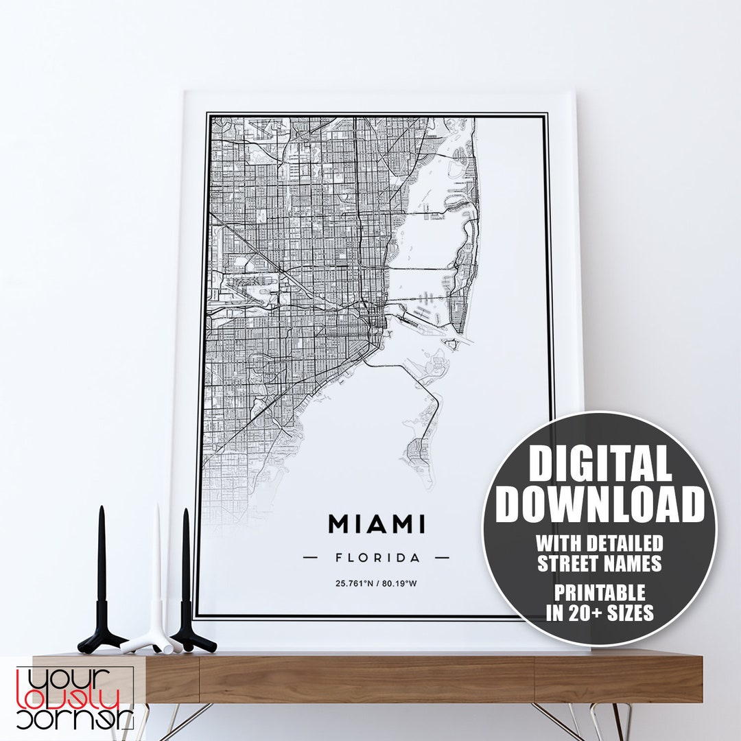 Miami Map Print, Printable Map of Miami, Miami Map Wall Art, Miami Map ...