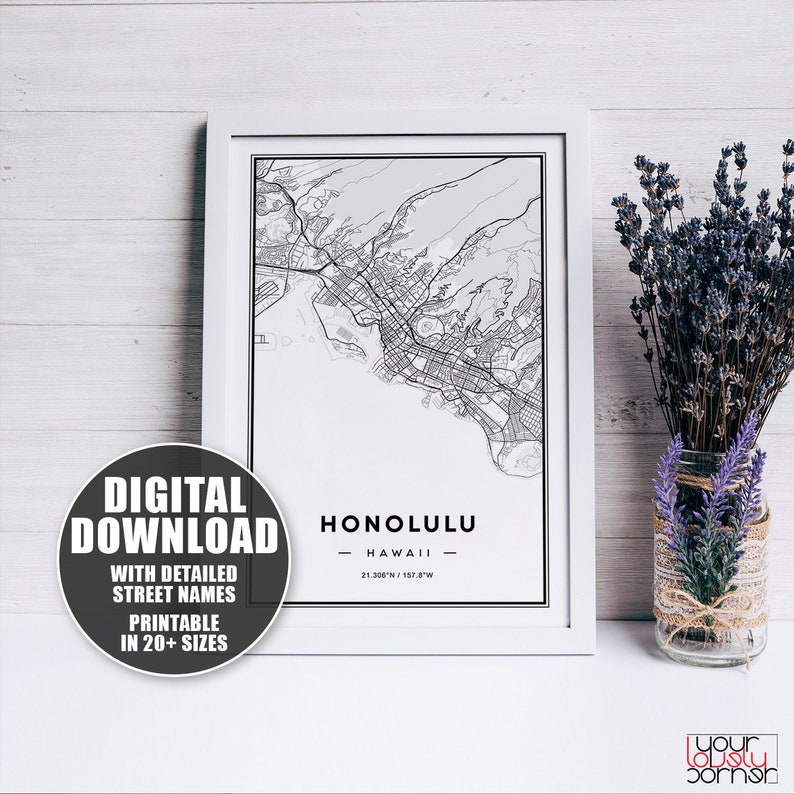 Honolulu Map Print Map of Honolulu City Poster Honolulu City - Etsy