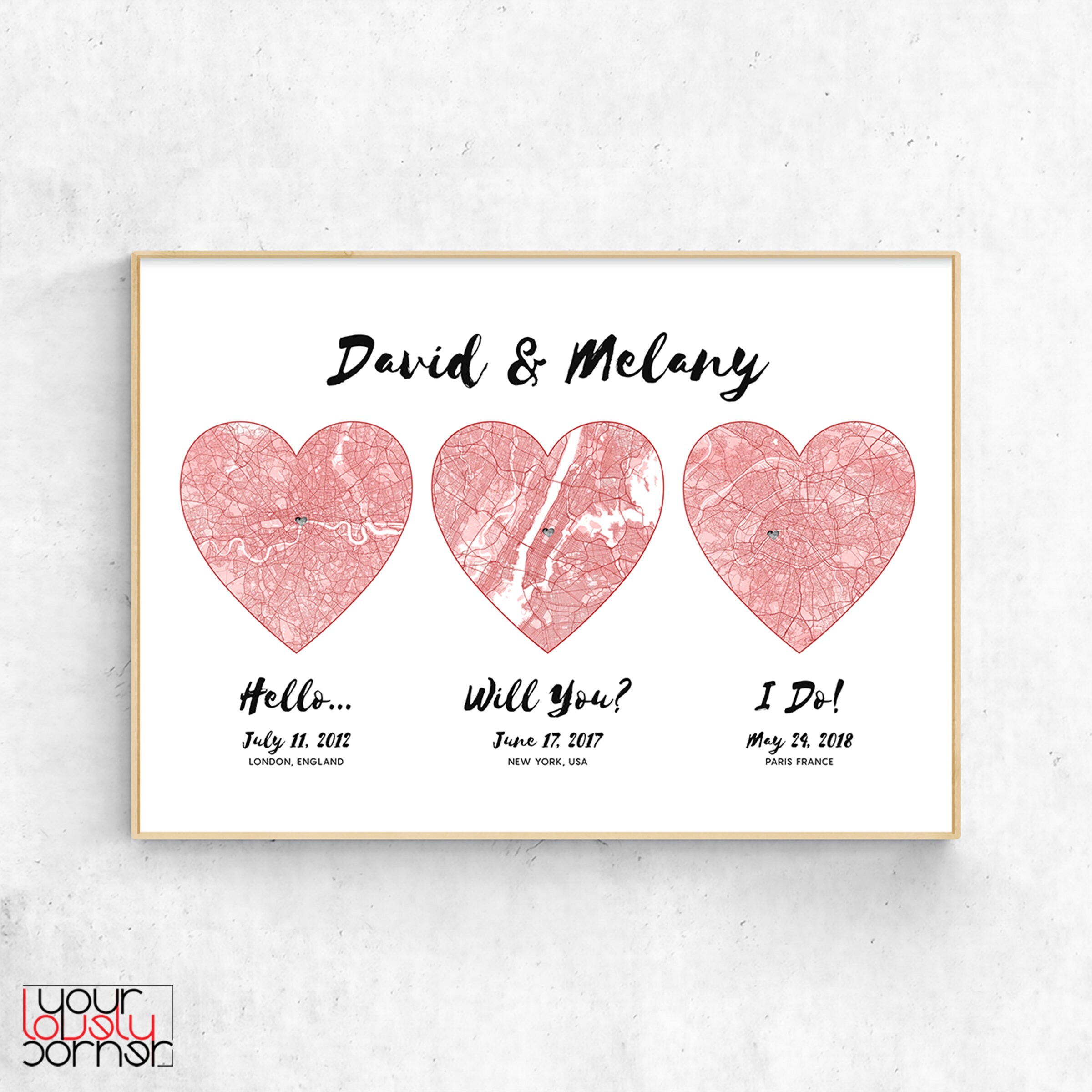 Three Heart Map Anniversary Gift, Personalized Met Engaged Married ...