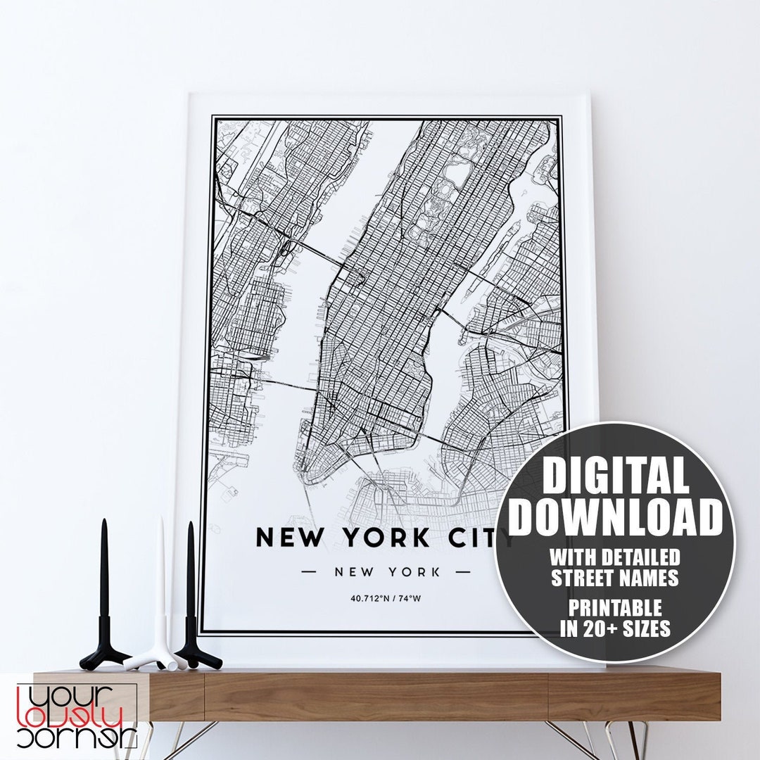 New York City Map Print, Manhattan Map Wall Art, Map of New York Wall ...