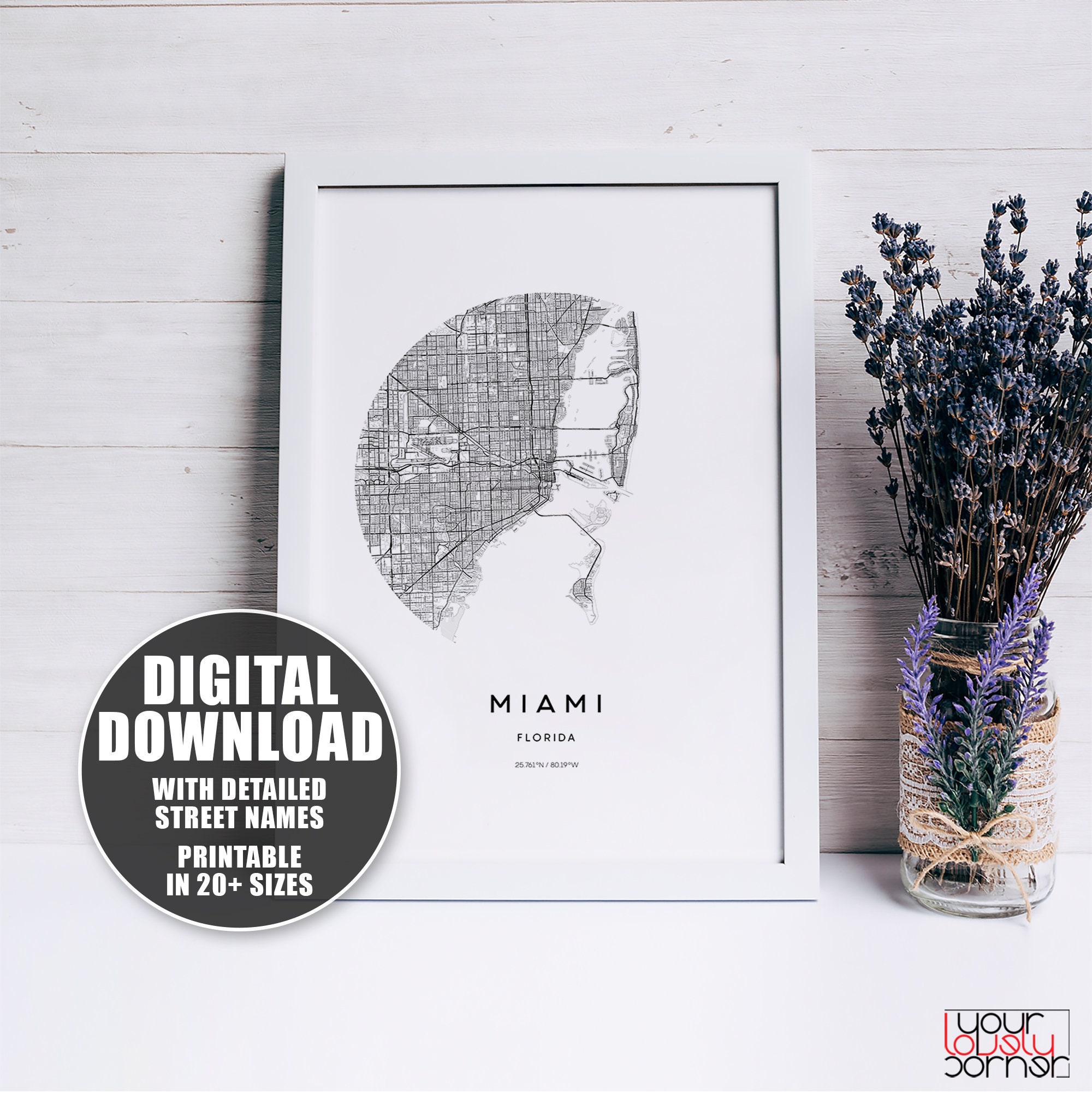 Miami Map Printable Wall Art Minimalist Map of Miami City Wall | Etsy