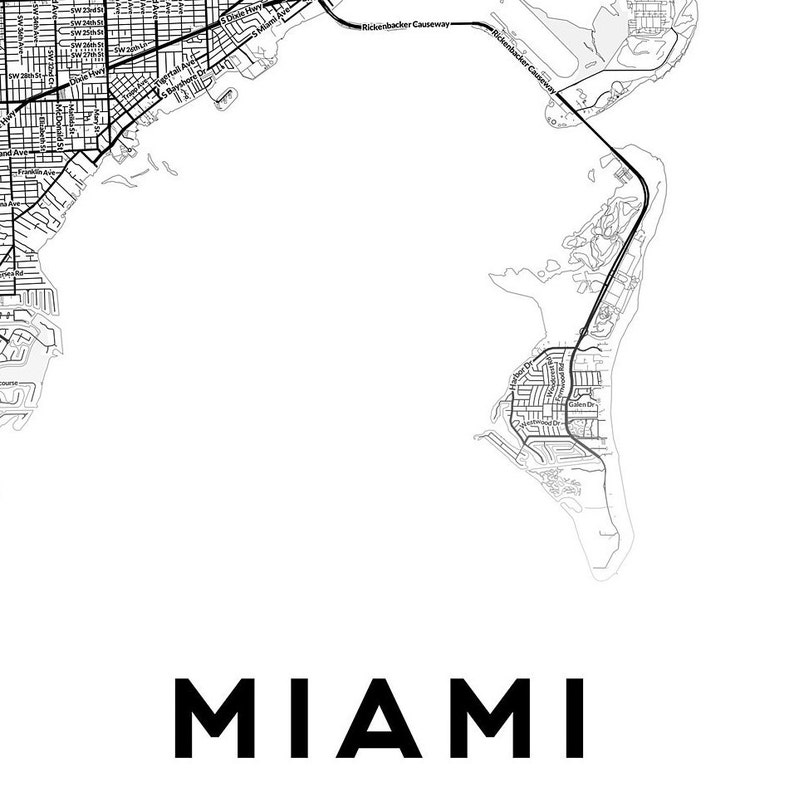 Miami Map Print Printable Map of Miami Miami Map Wall Art | Etsy