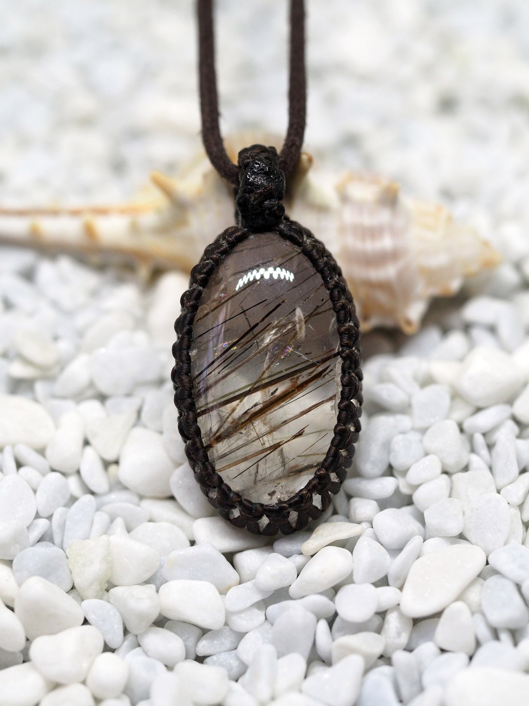 Brown Rutilated Quartz Macrame Pendant - Etsy