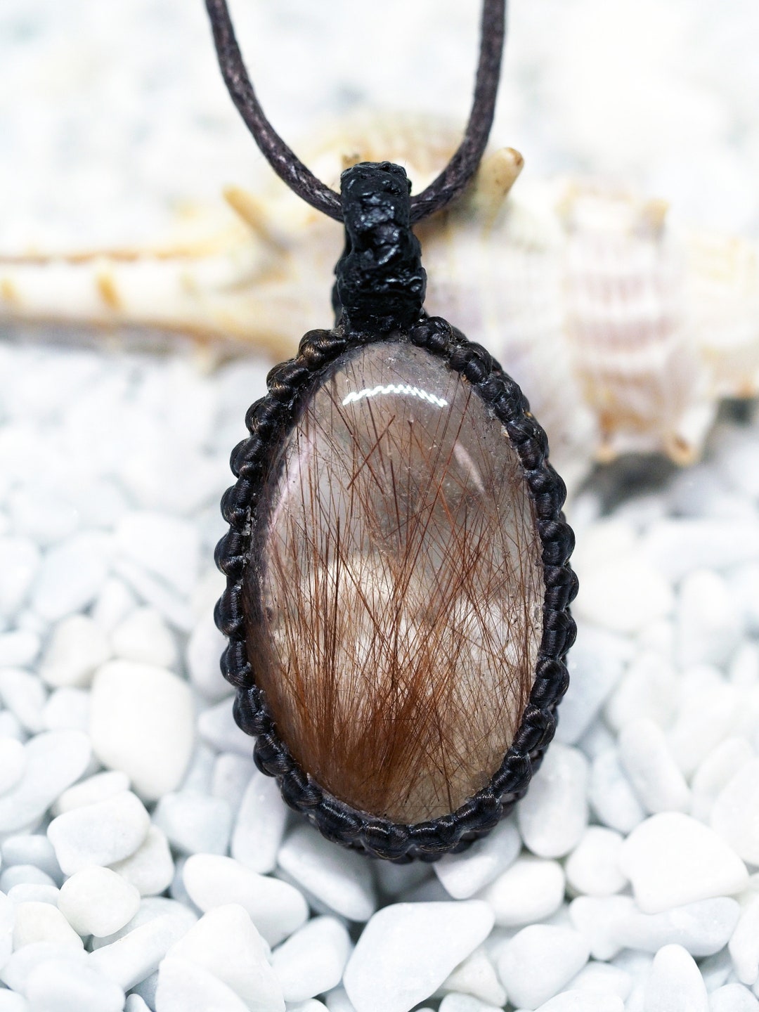 Oval Brown Rutilated Quartz Macrame Pendant - Etsy