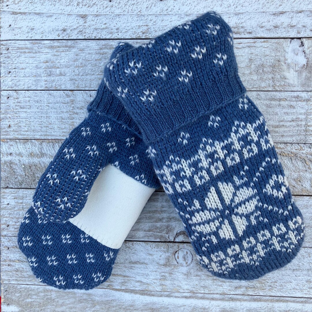 Nordic Blue and off White Suede Palm Wool Mittens - Etsy
