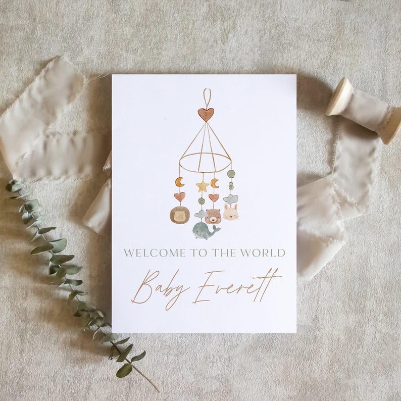 Personalized New Baby Card | Welcome Baby | Cute Animal Mobile Baby ...
