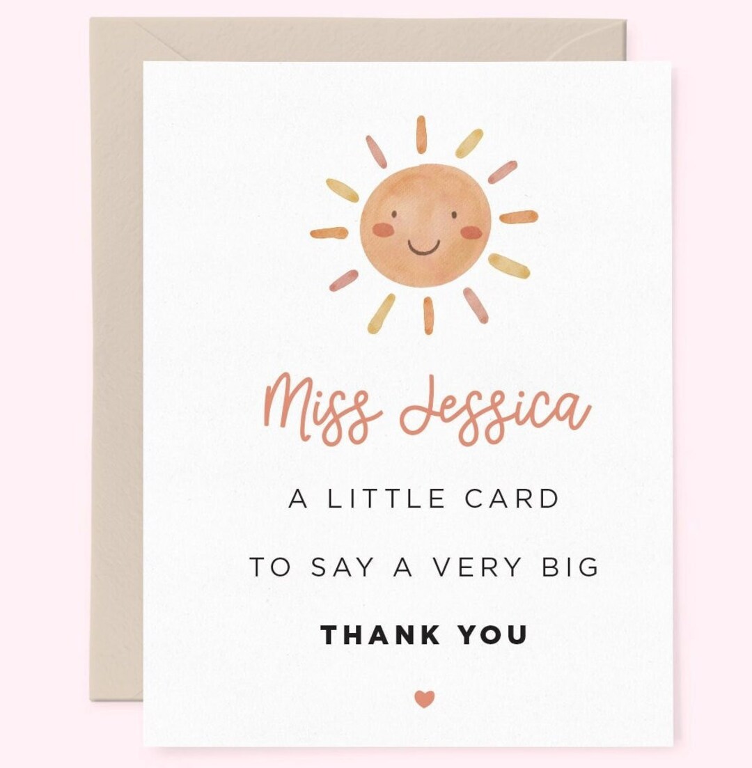 Teacher Thank You Card, Cute Sun Card, Customized Personalized Teacher ...