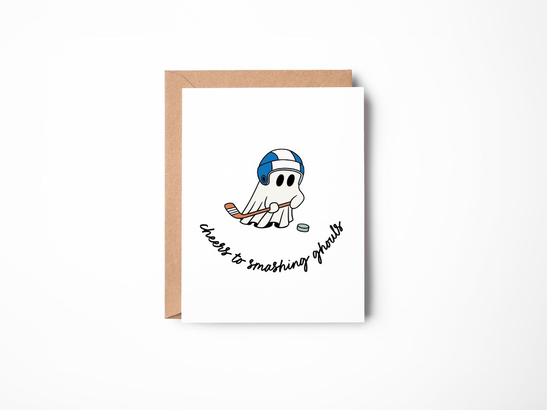 Cheers to Smashing Ghouls, Hockey Goal Card, Cute Ghost Card, Halloween ...