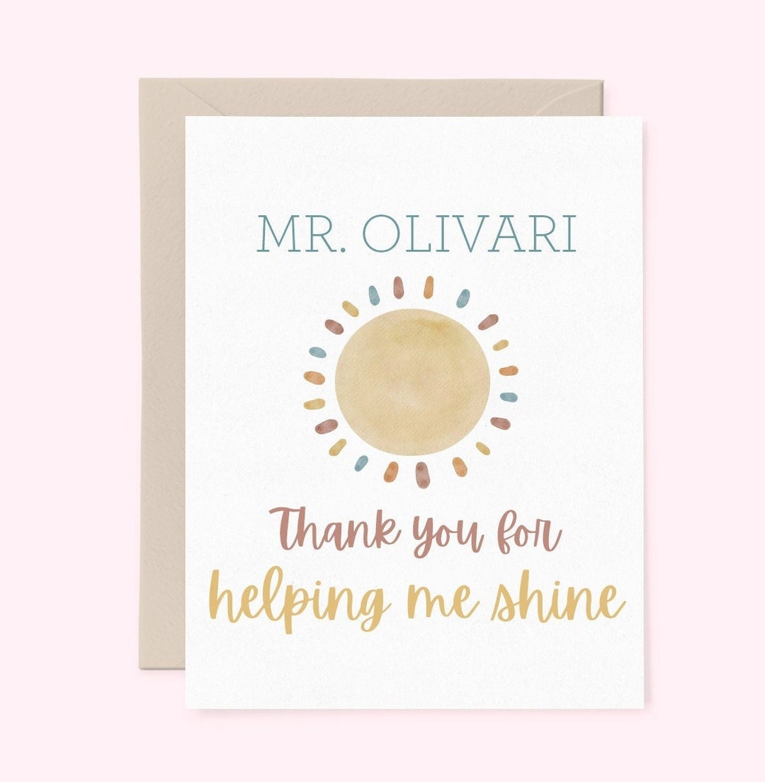 Teacher Thank You Card, Sun Card, Customized Personalized Teacher Card ...
