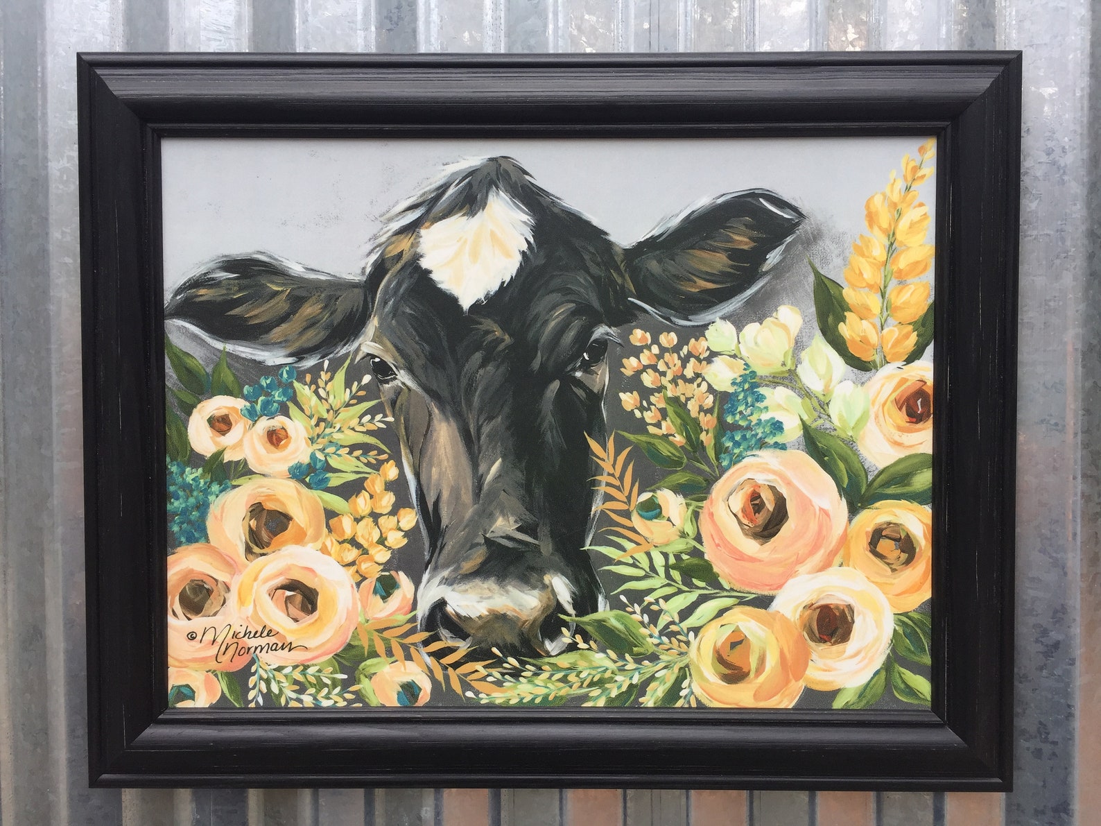Farmhouse Cow Framed Picture in Flowers Cow Decor Home - Etsy