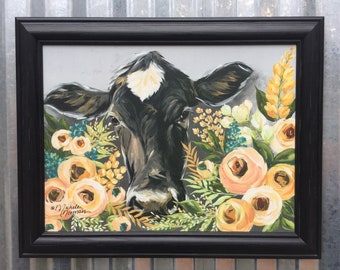 Farmhouse Cow Framed Picture in Flowers Cow Decor Home - Etsy