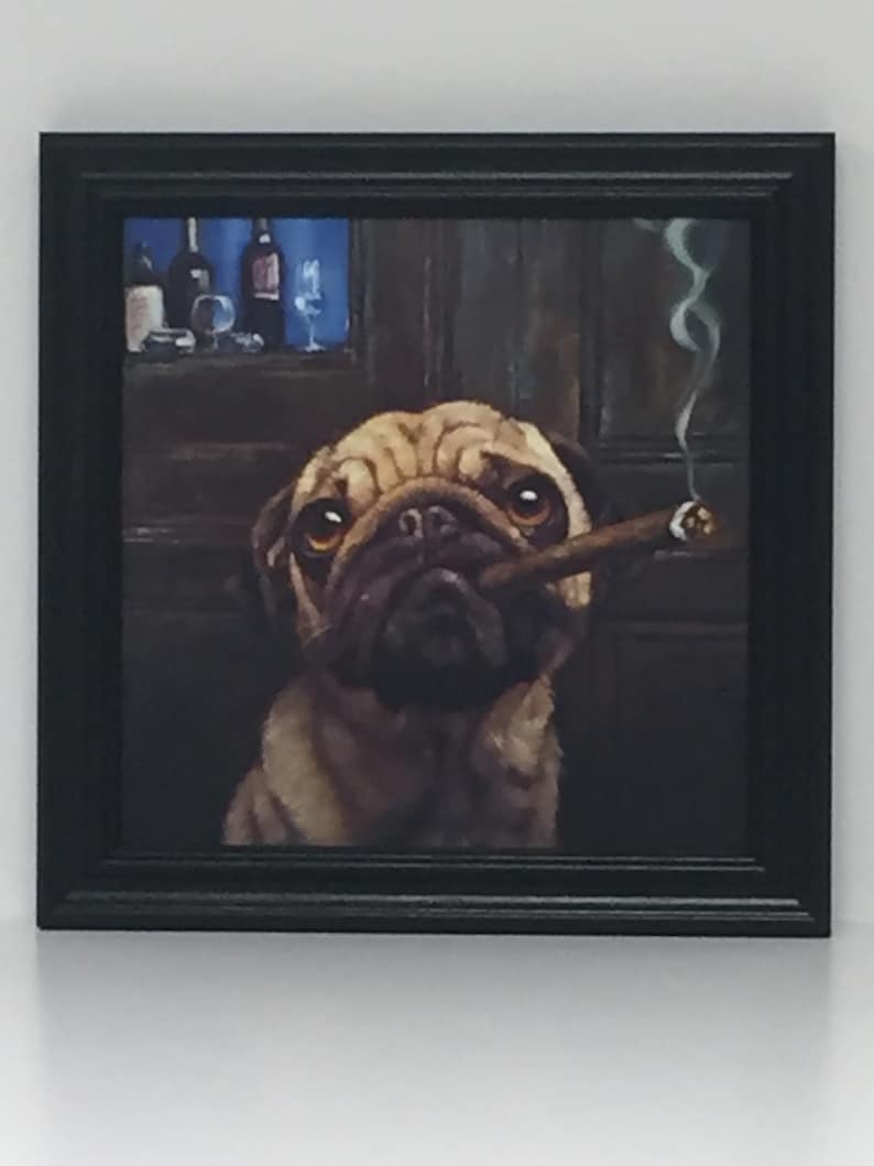 Cute, Funny, Pug Dog Smoking a Cigar Framed Picture, Dog Lover, Animal ...