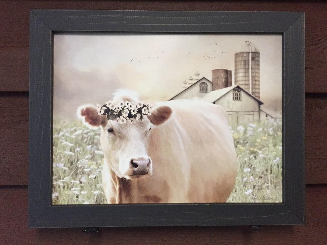 Sweet, Cute Framed Cow Picture With Flowers on Her Head, Barn and Silo ...