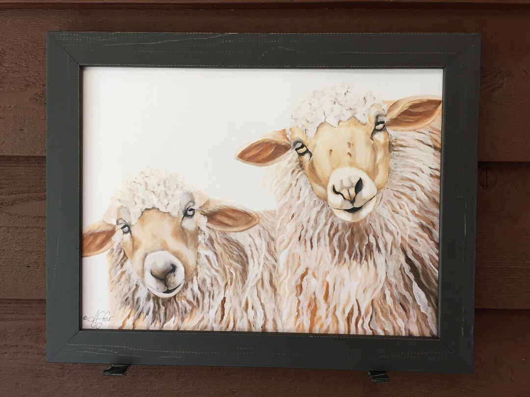 Cute Funny Curious Sheep Framed Picture Wall Decor Charcoal Wood Frame ...