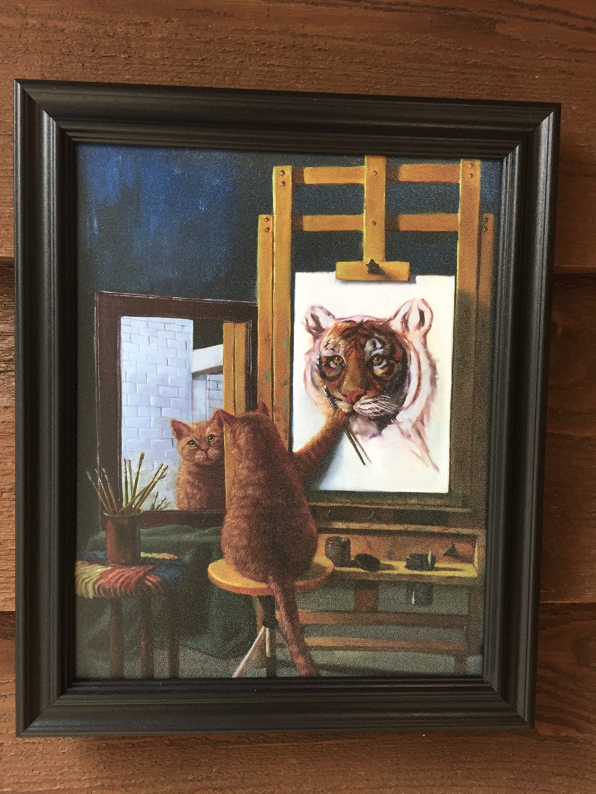 Cute Framed Picture of Cat Painting Himself Seeing A Lion, Pet, Cat ...