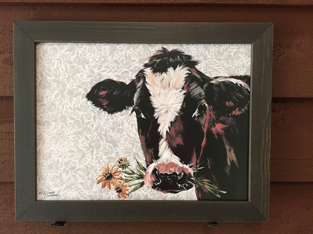 Farmhouse and Country Cow Framed in a Charcoal Wood Frame, Cow is ...