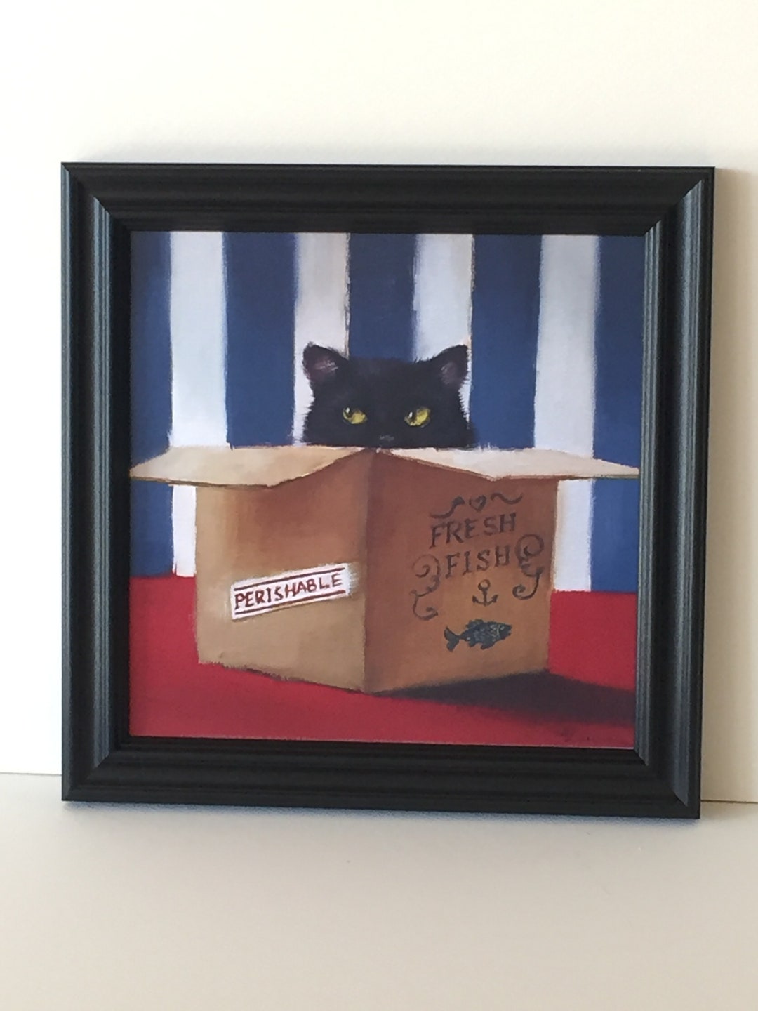 Cute Black Cat in a Fish Box Framed Picture, Cat Lover, Family Cat, Cat ...