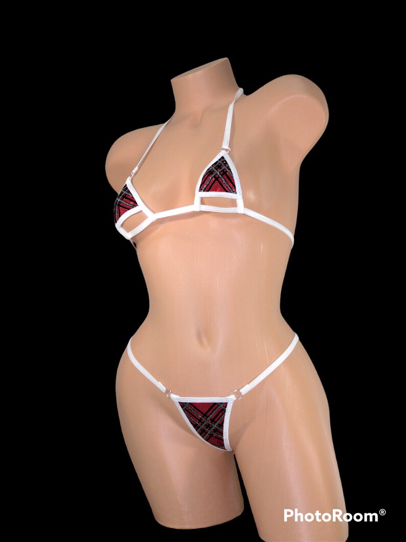 Mini Micro Peak-a-boo G-string Bikini-red Holographic Plaid - Etsy