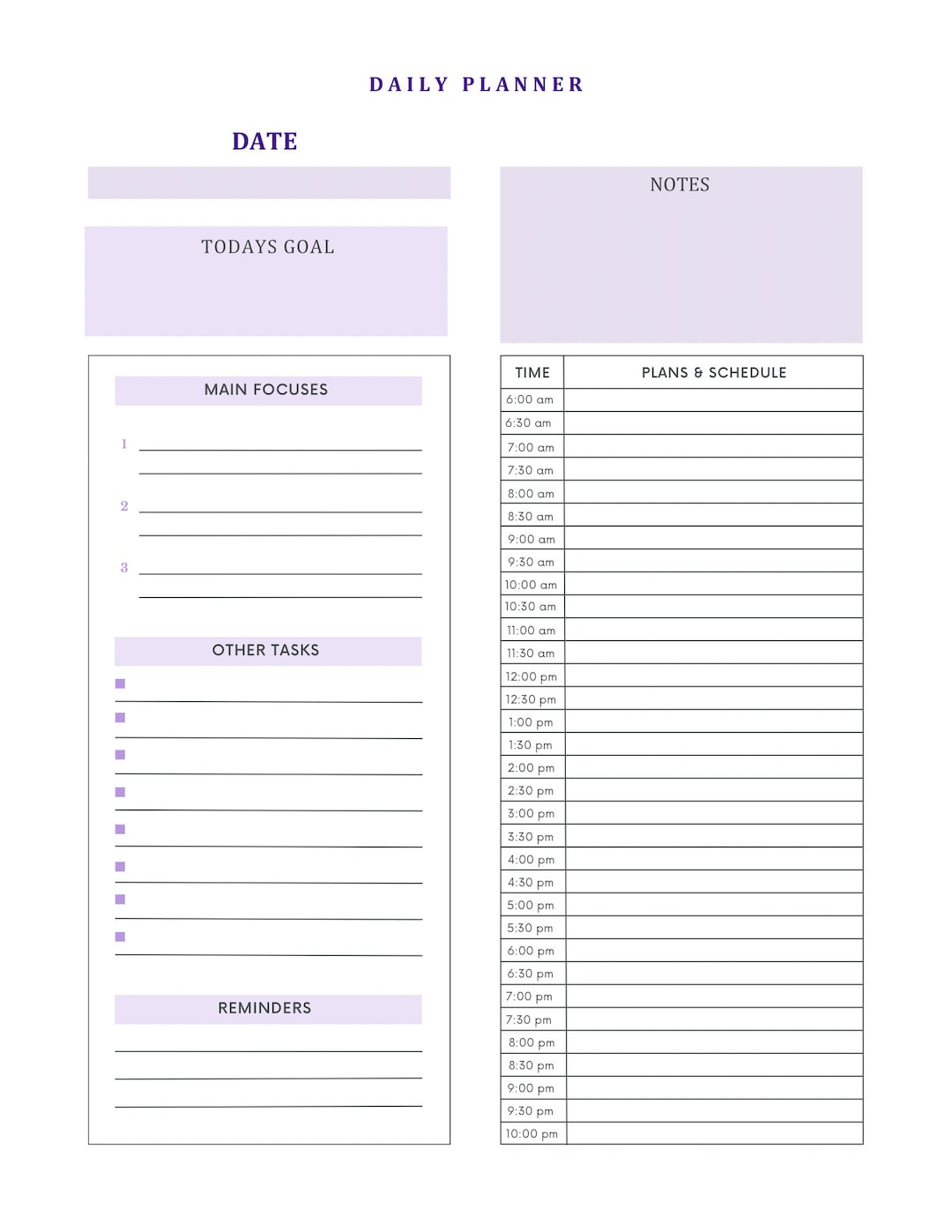 Purple Daily Planner Outline Print Out, Instant Download Productivity ...