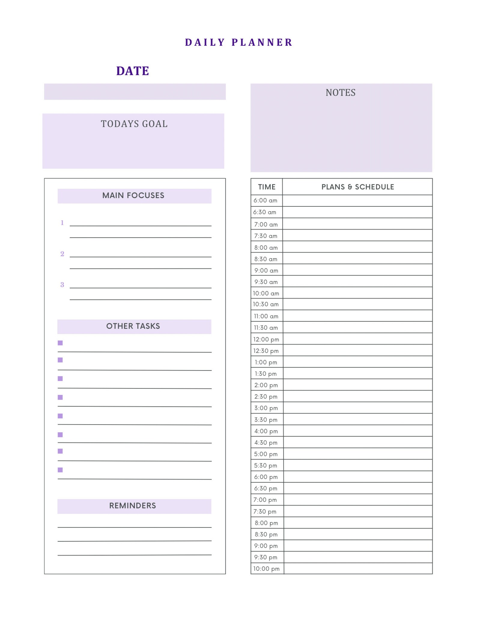 Purple Daily Planner Outline Print Out, Instant Download Productivity ...