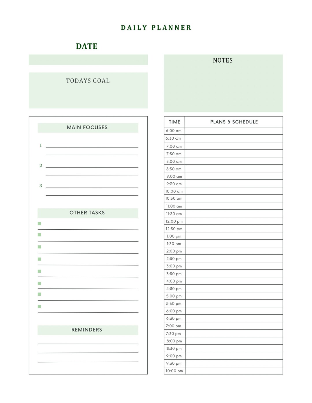 Green Daily Planner Outline Print Out, Instant Download, Productivity ...