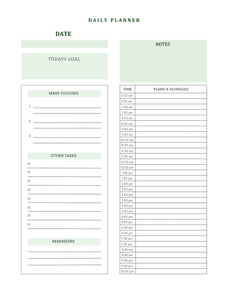 Green Daily Planner Outline Print Out Instant Download - Etsy