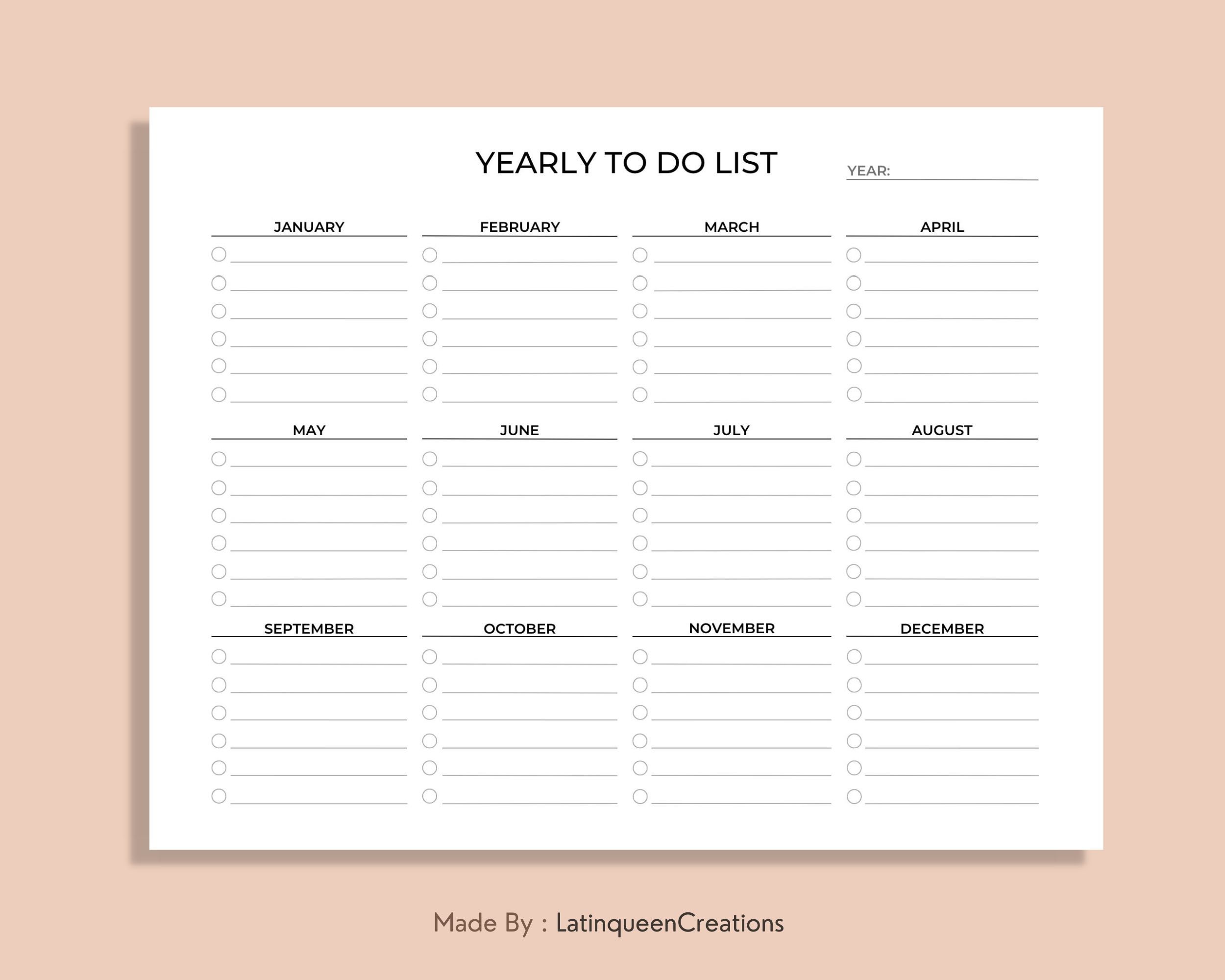 Yearly to Do List Printable,yearly Task List, Yearly Task Manger ...