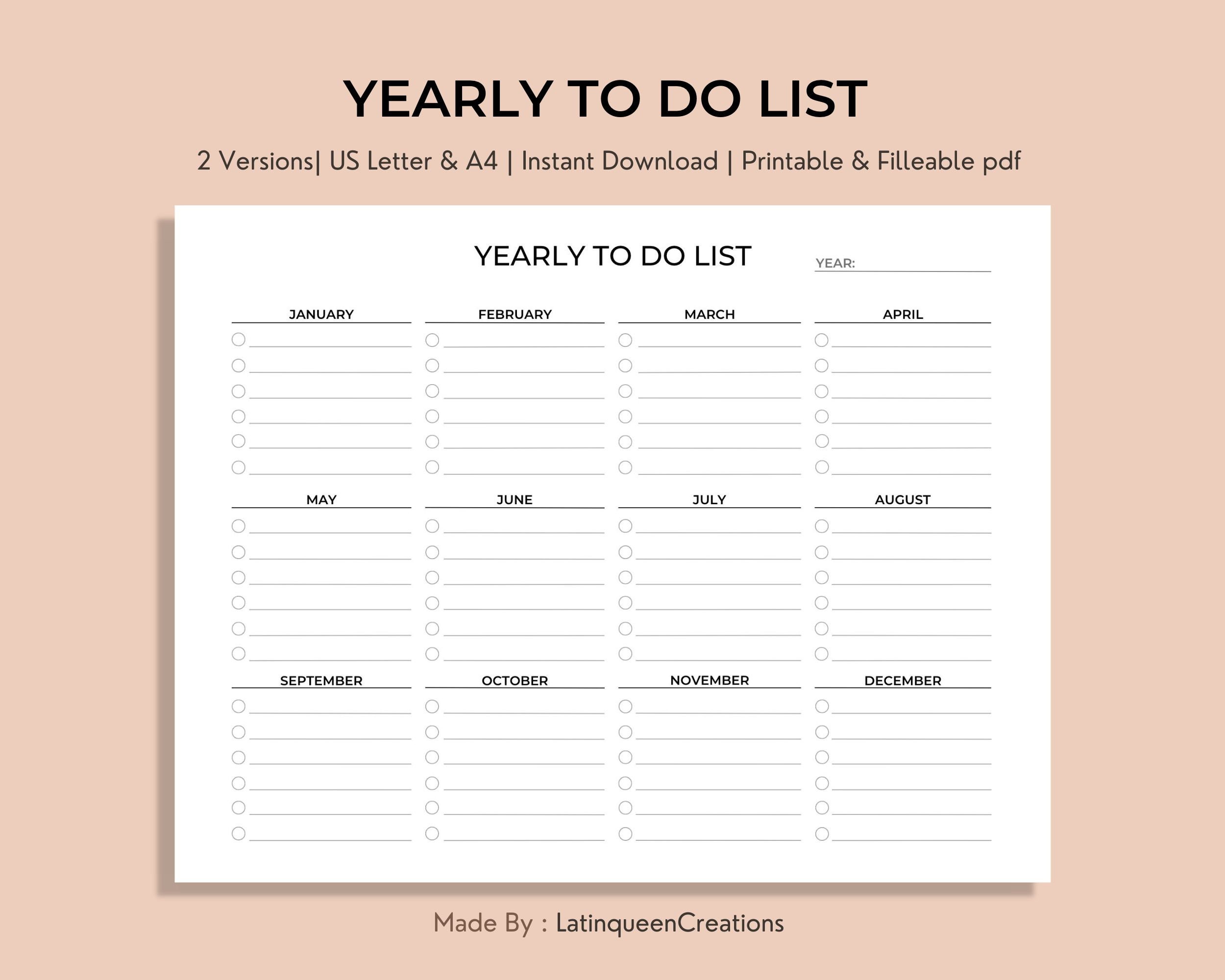 Yearly to Do List Printable,yearly Task List, Yearly Task Manger ...
