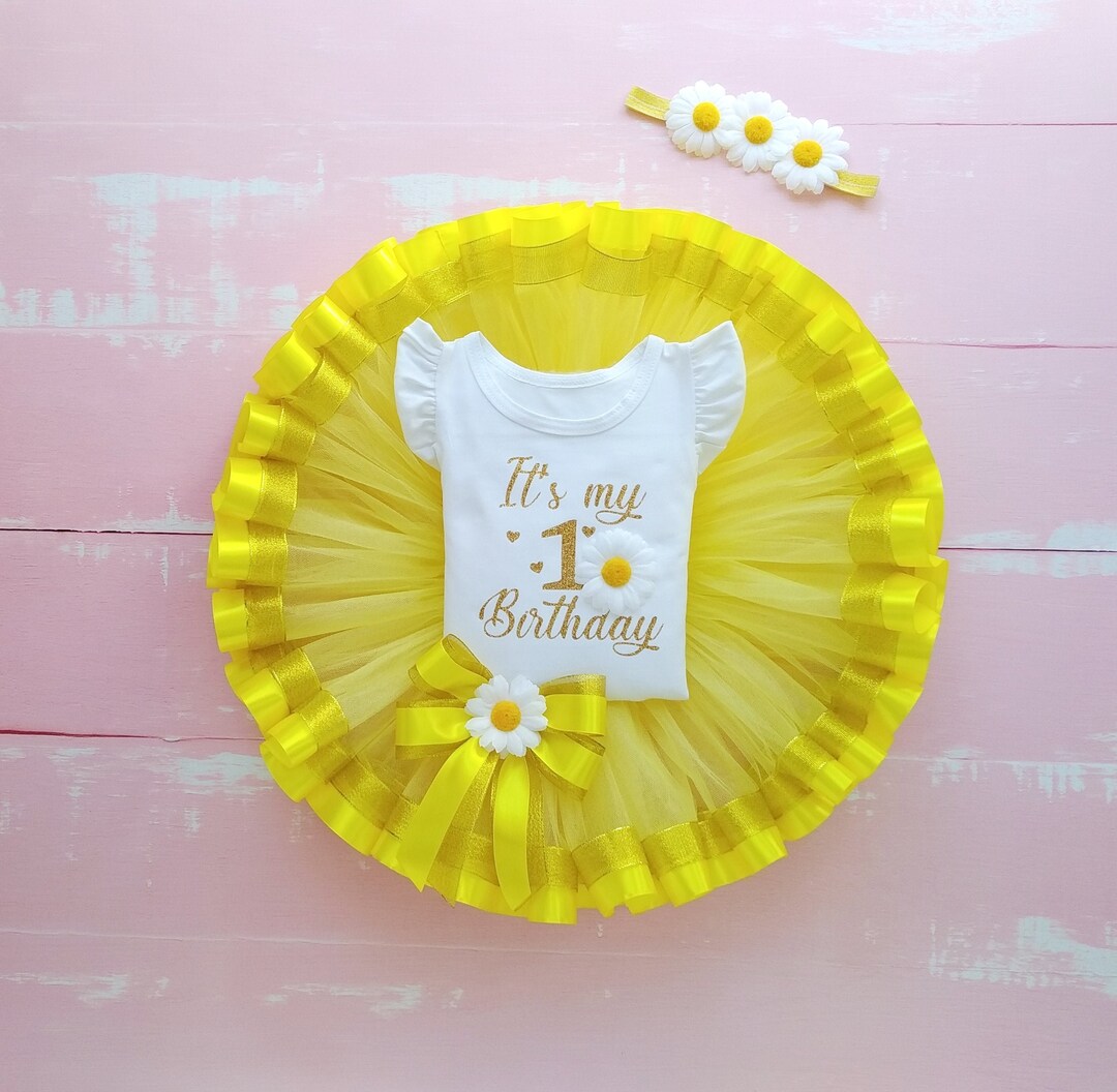 Yellow Baby Girl Outfit Set, Floral Baby Girl Dress, Yellow Birthday ...