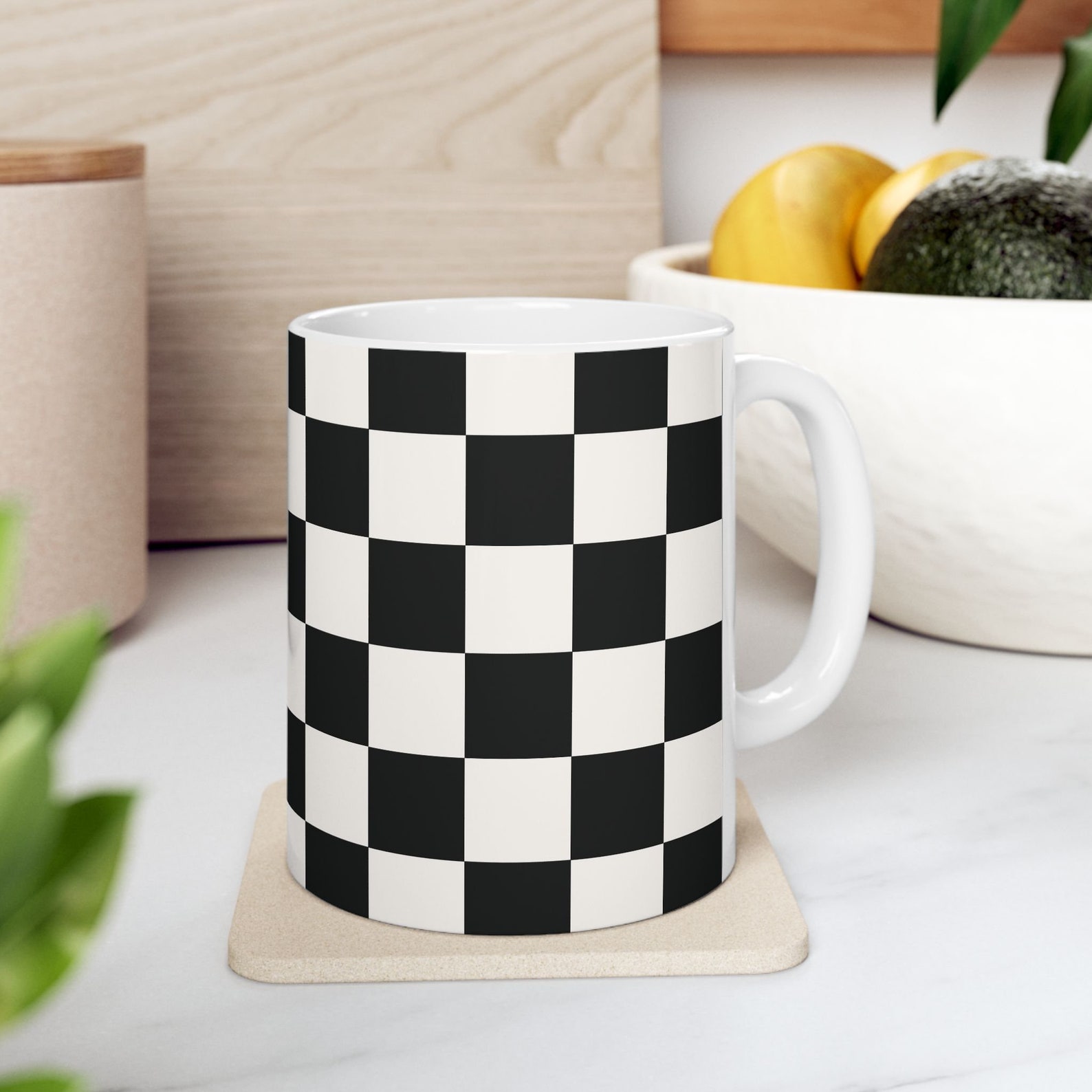 Black and White Checkered Mug, Checkered Ceramic Mug, Black and White ...