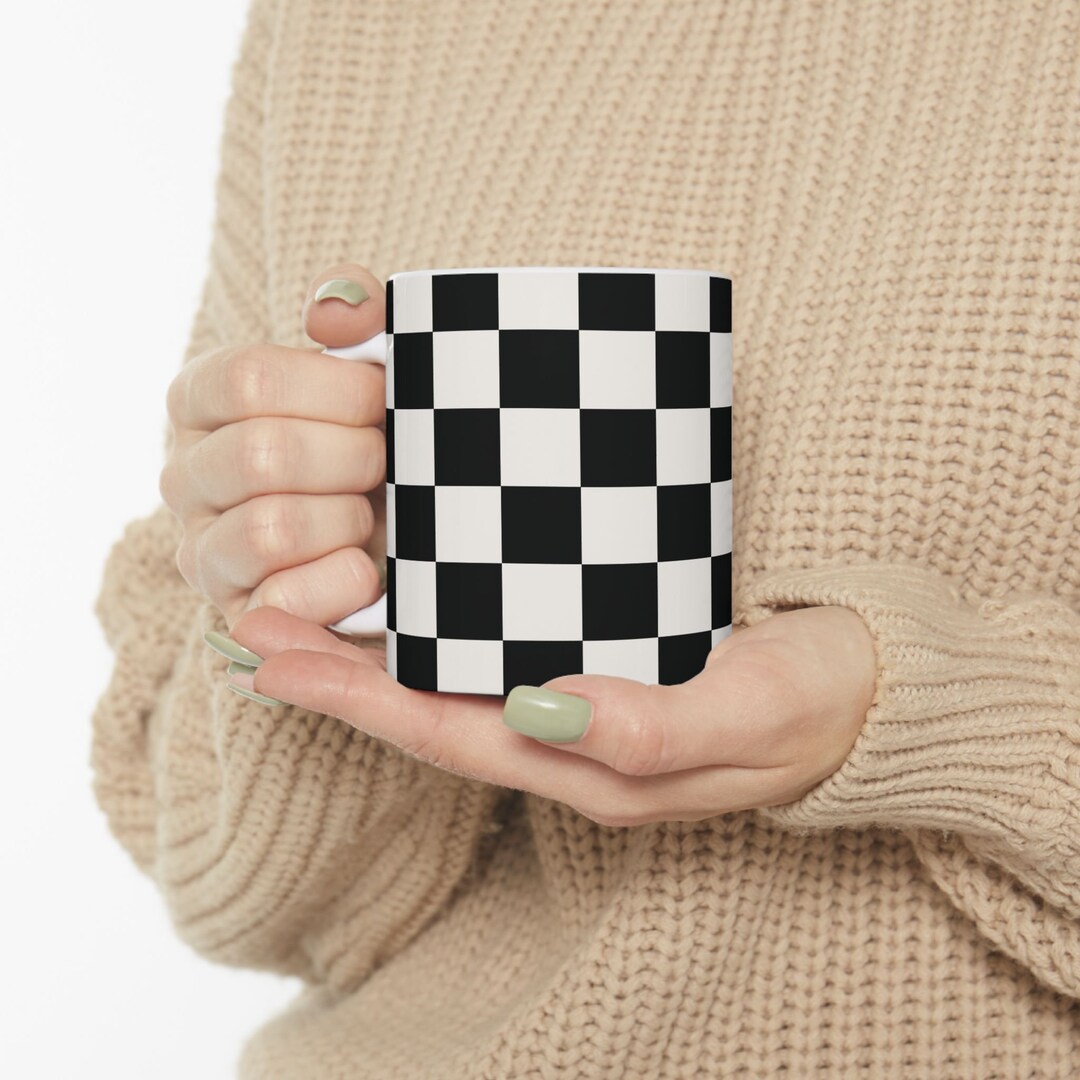 Black and White Checkered Mug, Checkered Ceramic Mug, Black and White ...