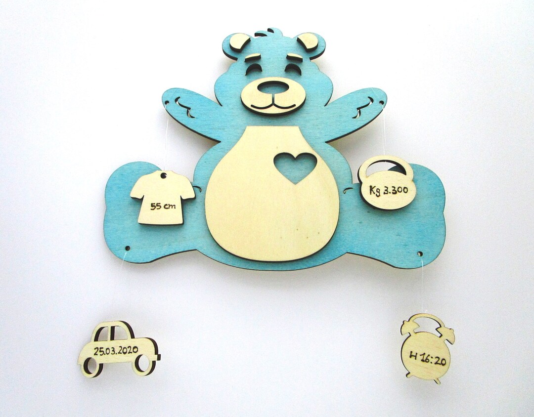 Personalized Wooden Birth Bear With Engraved Birth Details, Birth Bow ...