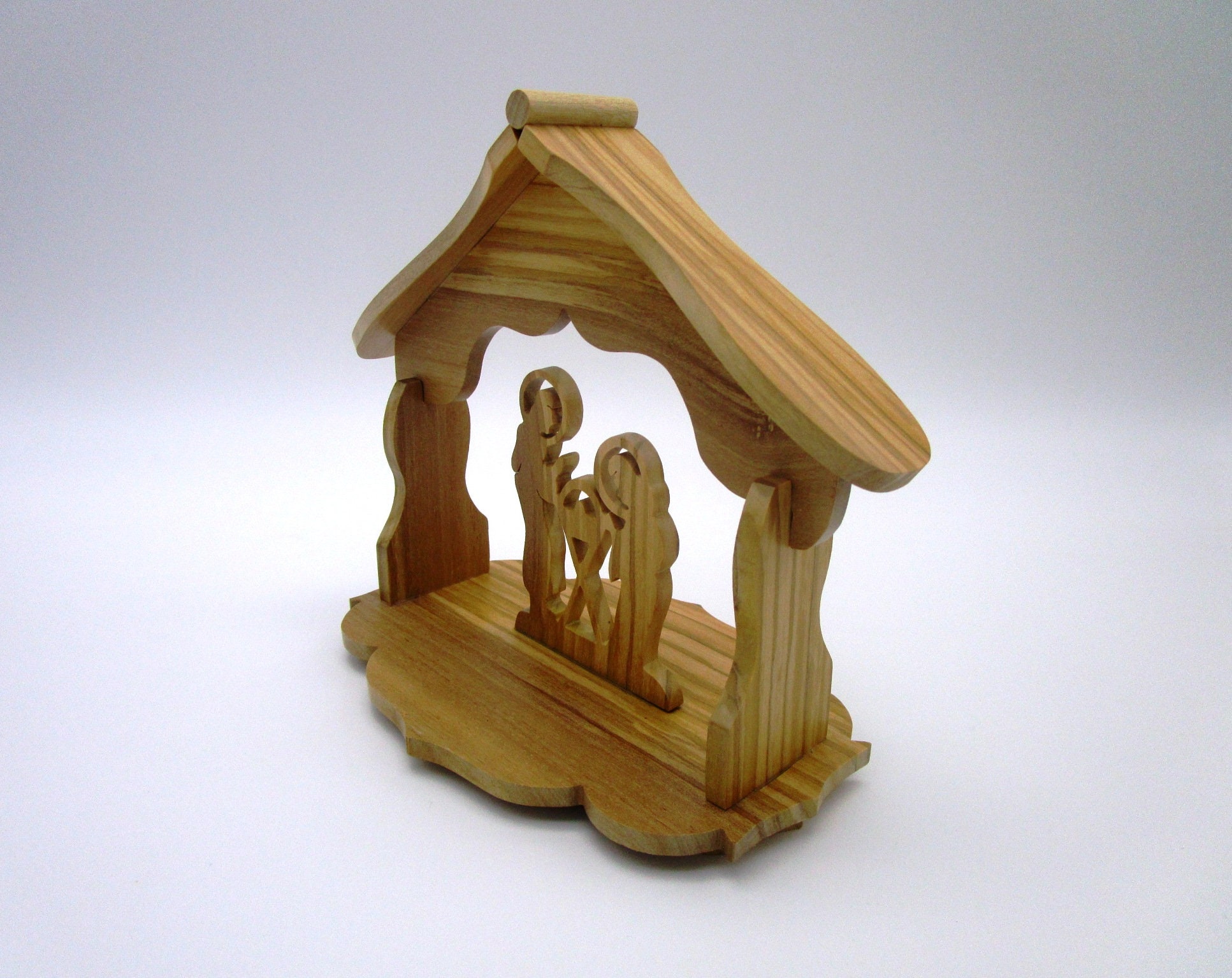 Stylized Olive Wood Crib Hut Nativity Artistic Fretwork | Etsy
