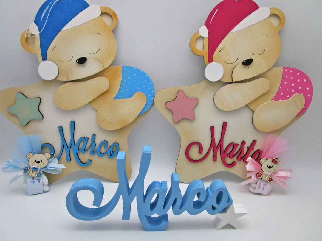 Personalized Wooden Birth Set, Teddy Bear With Birth Bow, Bags and Name ...