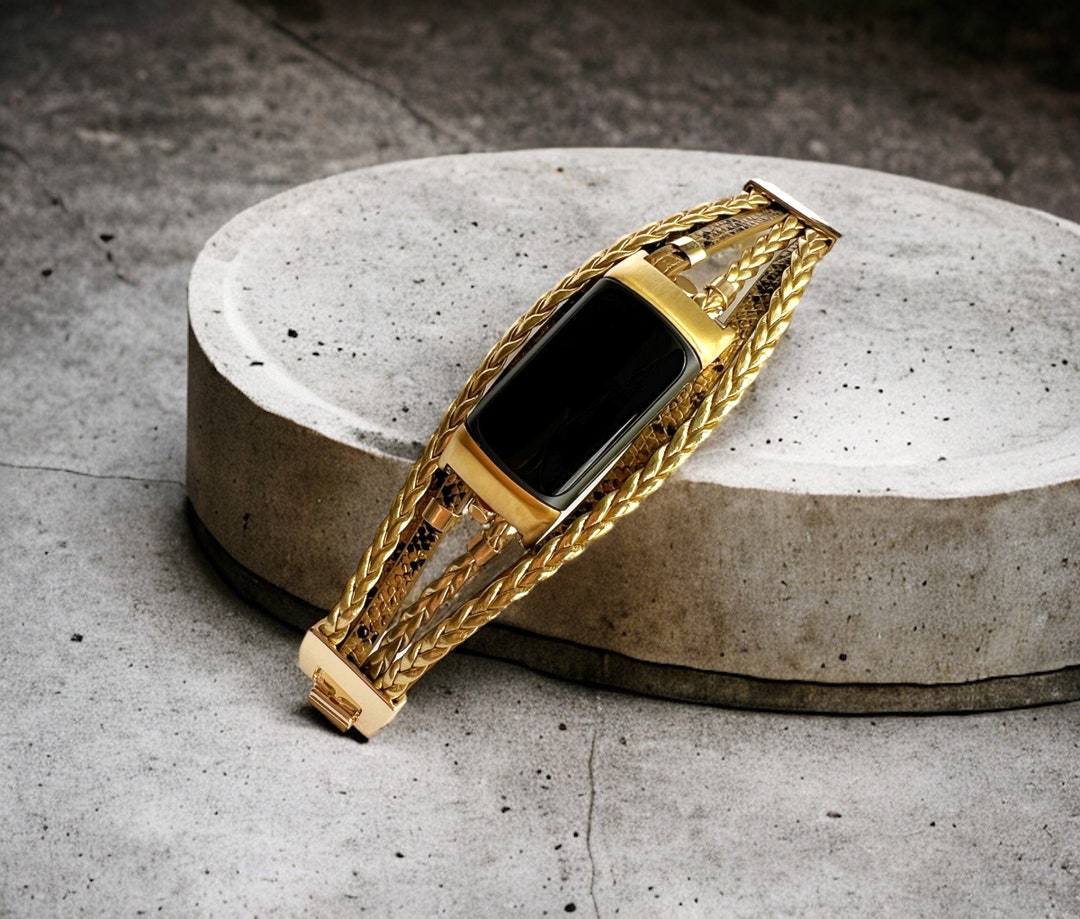 Gold Chic Fitbit CHARGE 5 6 Band Unisex Luxury Vegan Leather Wristband ...